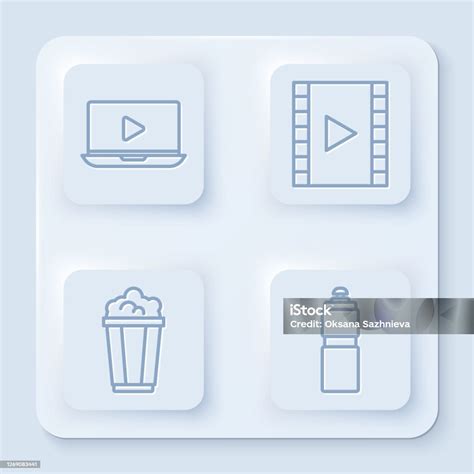 세트 라인 온라인 플레이 비디오 비디오 재생 골판지 상자와 피트니스 셰이커팝콘 흰색 정사각형 버튼 벡터 가방에 대한 스톡 벡터 아트 및 기타 이미지 Istock