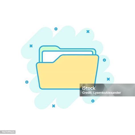 만화 스타일의 파일 폴더 아이콘입니다 문서 는 흰색 고립 된 배경에 벡터 만화 그림을 보관합니다 스토리지 스플래시 효과 비즈니스 개념입니다 개념에 대한 스톡 벡터 아트 및