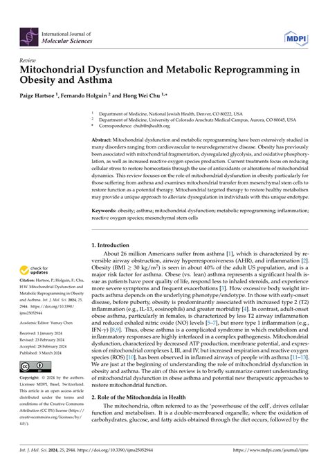 Pdf Mitochondrial Dysfunction And Metabolic Reprogramming In Obesity And Asthma