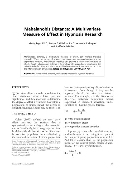 Pdf Mahalanobis Distance A Multivariate Measure Of Effect In Hypnosis Research