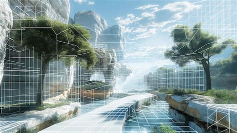 Premium Photo Abstract Futuristic Digital Cityscape As Part Of Nature With Wireframe Grid