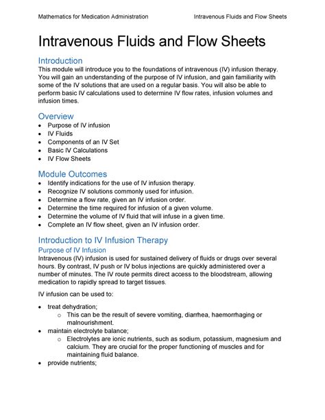 IV Fluids Reference Intravenous Fluids And Flow Sheets Introduction This Module Will