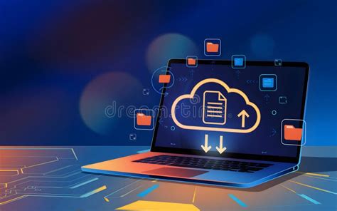 Modern Laptop Cloud Computing Data Storage Technology Digital File Transfer Secure Network