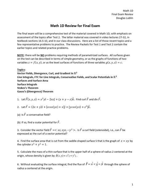 Math 1d Review For Final Exam Pdf Integral Mathematical Analysis