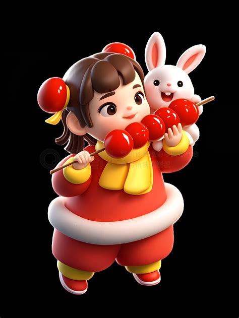 冰糖葫芦ai数字艺术 3d兔年春节喜庆兔子和福娃小女孩吃冰糖葫芦卡通3d渲染儿童微笑手持冰糖葫芦兔子玩偶场景插画 Ai立体元素免费下载png格式2592像素编号71462403 千图网