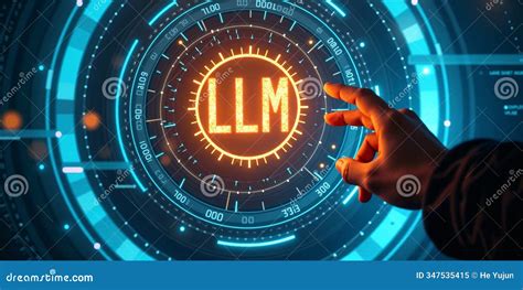 Hand Touching Glowing Llm Icon And Business Analytics Interface Stock Illustration