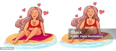 수영복을 입고 해변에서 통통한 소녀의 그림 신체 양성 자기 수용 자기 사랑 면도되지 않은 다리를 가진 소녀 면도 다리 여자에