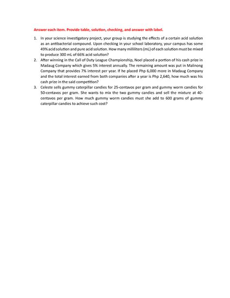 Mixture Problem Answer Each Item Provide Table Solution Checking And Answer With Label In