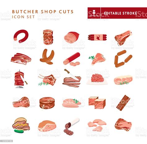 정육점 육류 컷 돼지고기 닭고기 쇠고기 사슴 고기 양고기 컷 과 훈제 고기 아이콘 흰색 배경에 설정 고기에 대한 스톡 벡터 아트