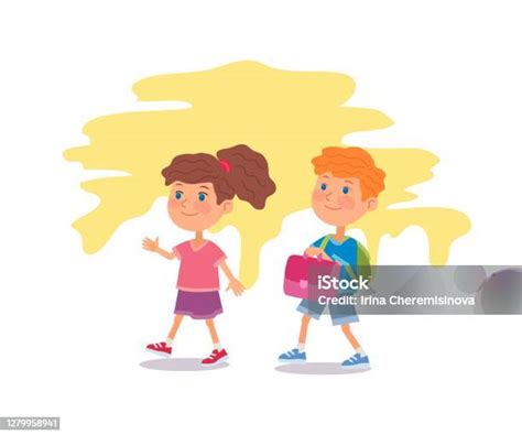 귀여운 학생들은 학교에 간다 소녀를 돕는 소년은 그녀의 학교 가방을 운반합니다 좋은 또는 나쁜 아이 행동 장면 우정 의사 소통 긍정적 인 감정 어린 시절의 벡터 문자 그림