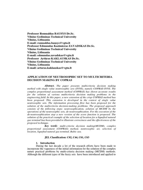 Application Of Neutrosophic Set To Multicriteria Decision Making By Copras Pdf Fuzzy Logic