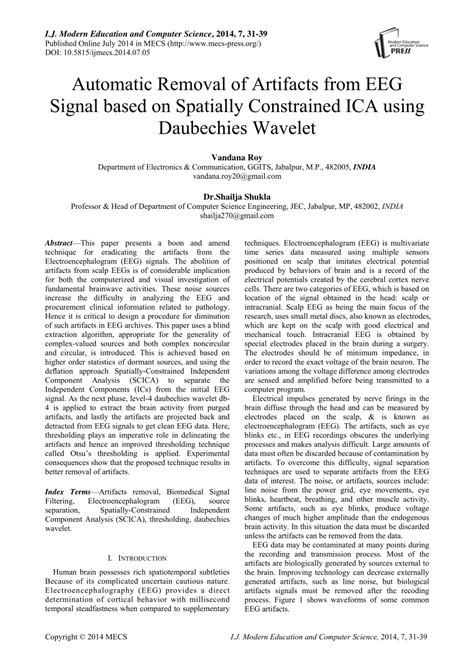 Pdf Automatic Removal Of Artifacts From Eeg Signal Based On Spatially