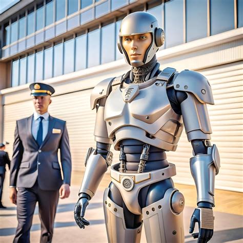 A Futuristic Security Guard Robot Stands Tall Showcasing Its Advanced Design And Unwavering