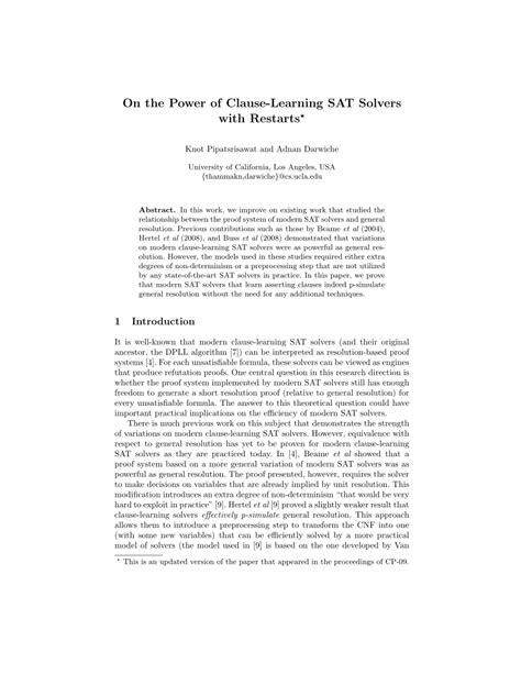 Pdf On The Power Of Clause Learning Sat Solvers With Restarts