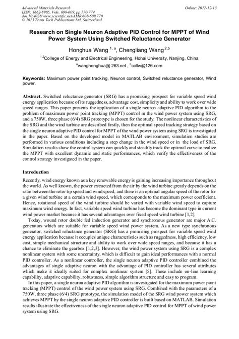 Research On Single Neuron Adaptive Pid Control For Mppt Of Wind Power System Using Switched