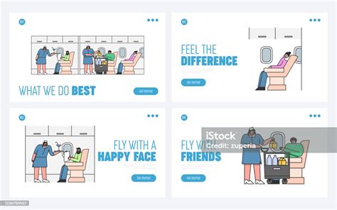 사람들은 비행기로 여행합니다 승객이 탑승한 착륙 페이지 세트입니다 비행기에서 만화 캐릭터 비행기에 대한 스톡 벡터 아트 및 기타 이미지 Istock