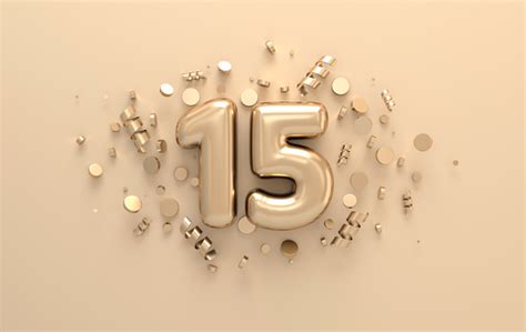 축제 색종이와 나선형 리본 황금 3d 번호 15 기념일 이벤트 파티를 축하하기위한 포스터 템플릿 3d 렌더링 15에 대한 스톡 사진 및 기타 이미지 Istock