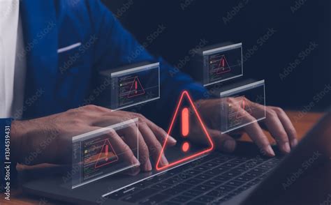 Cyber Security Concept Data Breach Man Using Computer With System Hacked Alert Due To