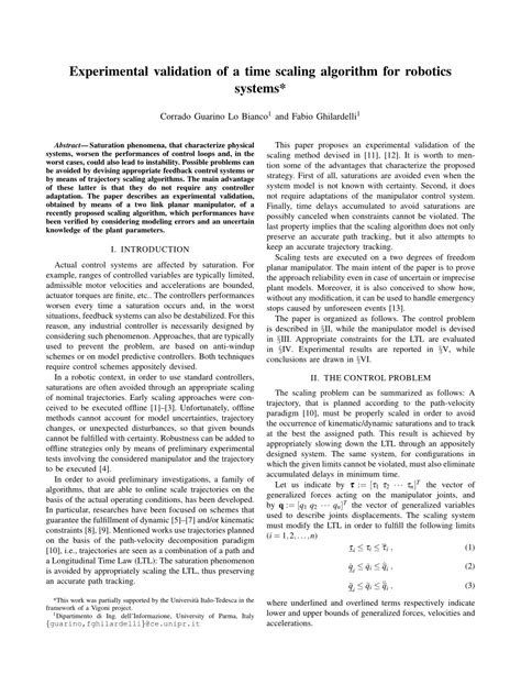 Pdf Experimental Validation Of A Time Scaling Algorithm For Robotics Systems