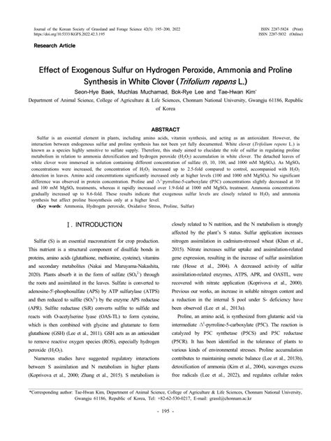 Pdf Effect Of Exogenous Sulfur On Hydrogen Peroxide Ammonia And