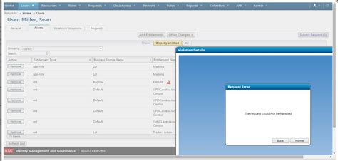 Violation Dialog In Rsa Via Lifecycle And Governance Shows The Error Request Could Not Be Handled