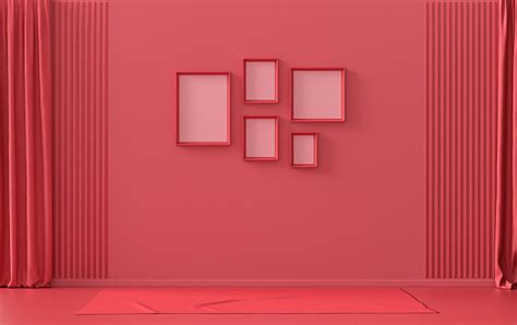 벽에 5 프레임 흑백 어두운 빨간색 가구와 빈 방없이 적갈색 색상 갤러리 벽과 포스터 쇼케이스를위한 플랫 컬러 인테리어 룸 3d 렌더링 0명에 대한 스톡 사진 및 기타