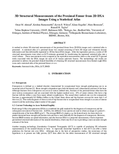 Pdf 3d Structural Measurements Of The Proximal Femur From 2d Dxa Images Using A Statistical Atlas