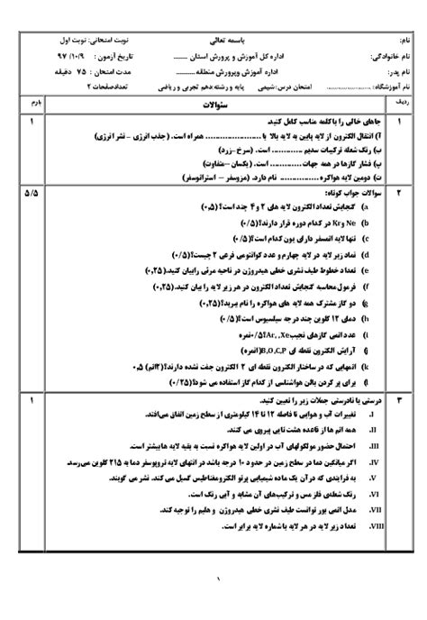 امتحان ترم اول شیمی 1 دهم تجربی و ریاضی دبیرستان امام خمینی دی 97 گاما
