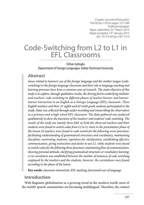 Pdf Code Switching From L2 To L1 In Efl Classroomsprebacivanje Kodova Između J1 I J2 U