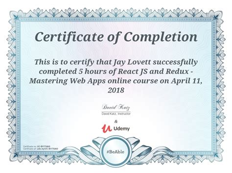 Completion Certificate For React Js And Redux Mastering Web Apps Jay Lovett
