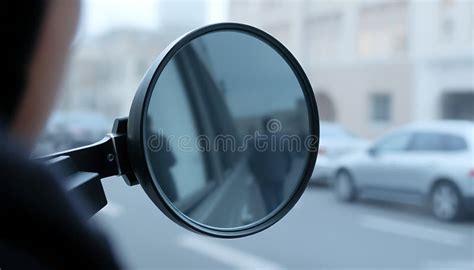 Car Side Mirror Reflecting City Traffic And Buildings Generative Ai Stock Illustration