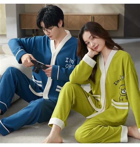 커플수면잠옷 가을 겨울 코튼 세트 긴 버튼 다운 수트 여성 남성 라운지웨어 플러스 사이즈 티몬