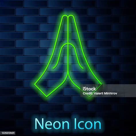 빛나는 네온 라인 벽돌 벽 배경에 고립 된 기도 위치 아이콘에 손 신앙과 소망으로 하나님께 기도하십시오 벡터 일러스트레이션 교회에 대한 스톡 벡터 아트 및 기타 이미지