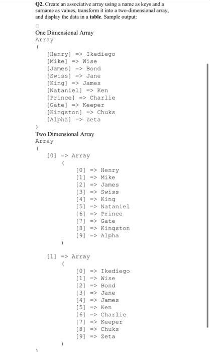 Solved Q2 Create An Associative Array Using A Name As Keys