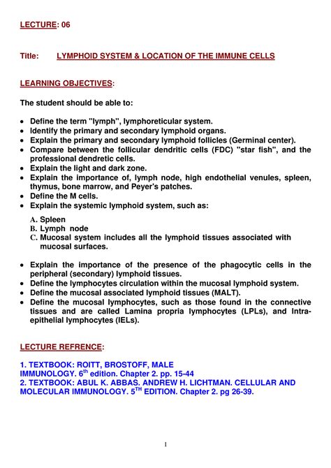 Lecture 06 Lymphatic System S Lecture 06 Title Lymphoid System