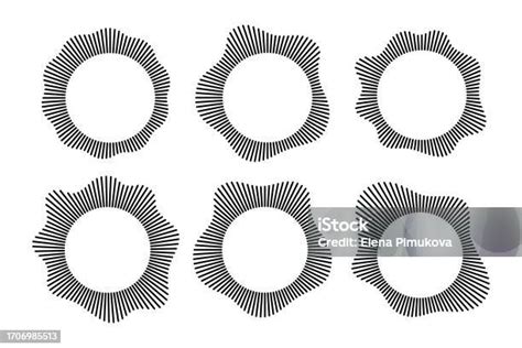 방사형 파동 사운드 라인 원형 프레임 사운드 서클 링 물결 모양의 룬 프레임 방사형 태양 광선 기호입니다 물결 모양의 기하학적 실루엣 추상적인 디자인 요소입니다 흰색 배경에