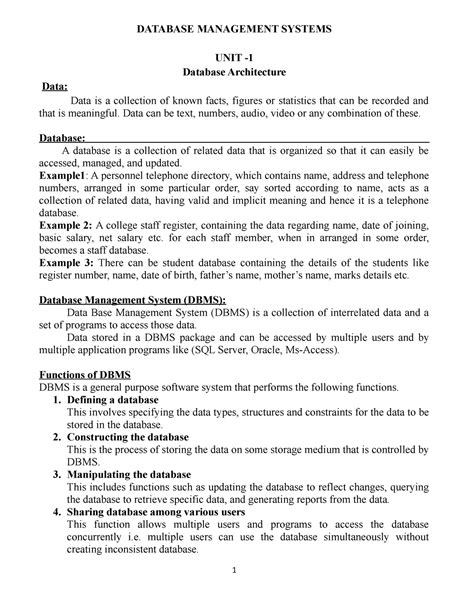 Dbms Unit1 Database Management Systems Unit Database Architecture Data Data Is A Collection