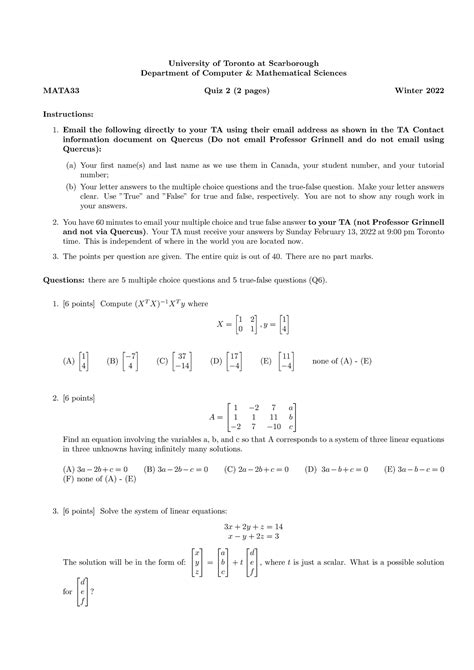 Quiz Version Matrices Inverse And Solving University Of Toronto At Scarborough