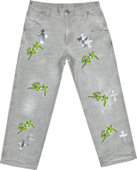 Chrome Hearts Grey Canvas And Lime Green Sex Patch Pants Inc Style