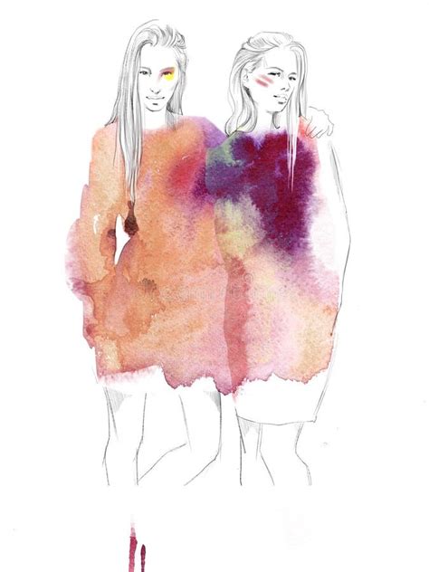 Deux Jeunes Belles Filles Dessinent L Illustration De Mode De Portraits