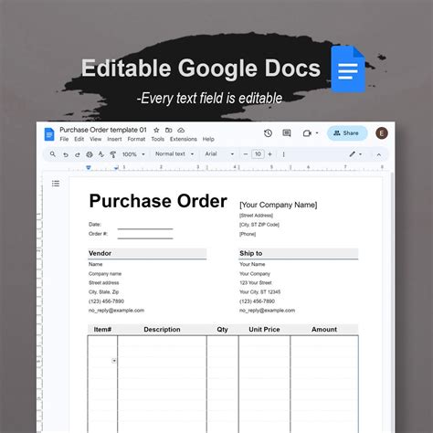Purchase Order Order Form Editable Editable Printable PDF MS Word MS Excel Google Docs