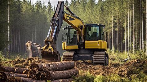Premium Photo A Photo Of A Robust Logging Harvester Cutting Tree