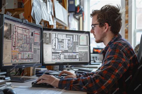 Premium Photo Engineer Working On A Computer With Two Displays Drawing And Designing In Cad