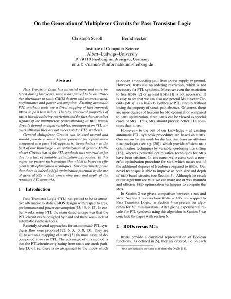 Pdf On The Generation Of Multiplexer Circuits For Pass Transistor Logic