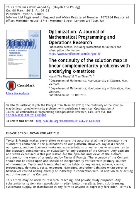 Pdf The Continuity Of The Solution Map In Linear Complementarity Problems With Underlying