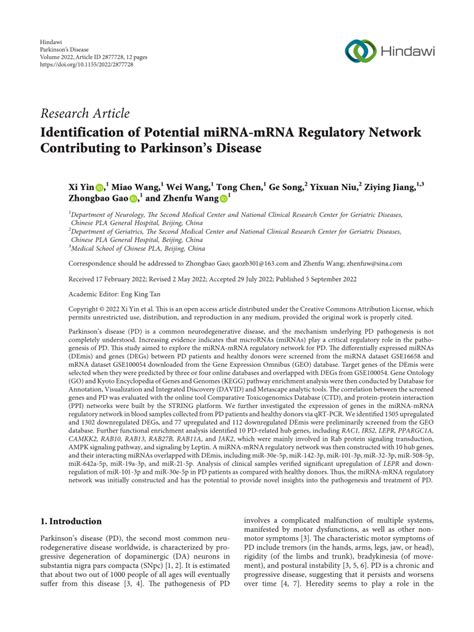 Pdf Identification Of Potential Mirna Mrna Regulatory Network Contributing To Parkinsons Disease