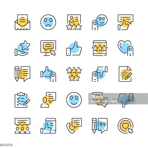 고객 피드백 라인 아이콘 유사한 아이콘 세트입니다 검정 파랑 및 노랑 색상 현대 선형 개요 그래픽 디자인 벡터 선 아이콘 세트 소비자 경험에 대한 스톡 벡터 아트 및 기타