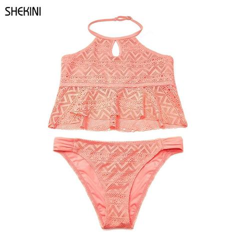 Shekini Girls Halter Keyhole Bathing Suit Ruffles Flounce Crochet Mesh