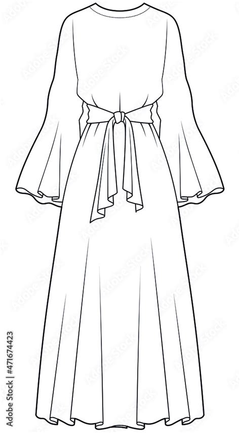Womens Bell Sleeve Crew Neck Self Belt Maxi Dress Fashion Flat Sketch