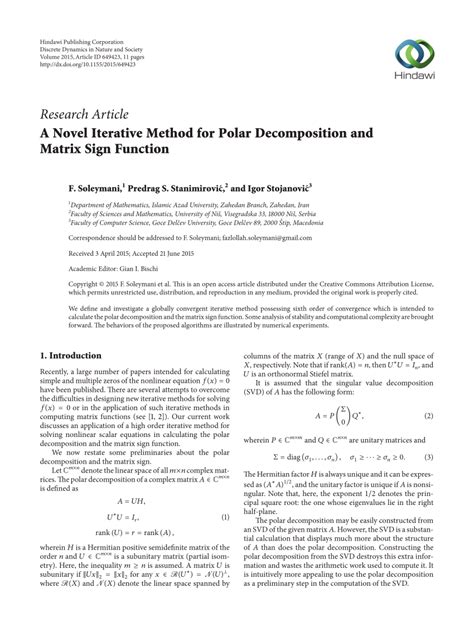 Pdf A Novel Iterative Method For Polar Decomposition And Matrix Sign Function